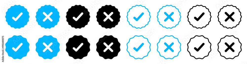 Profile verification with check marks and cross mark icons set blue and ...
