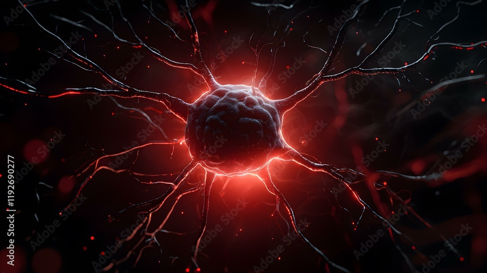 The image shows a neuron, a type of nerve cell, with its many dendrites ...