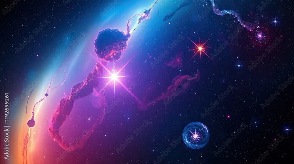 Ethereal and spiritual panoramic space scene electric vivid colors ...