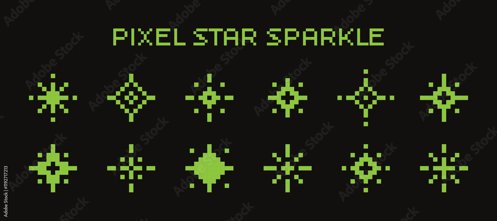 Collection of pixel star sparkle icons in a bright green color on a ...