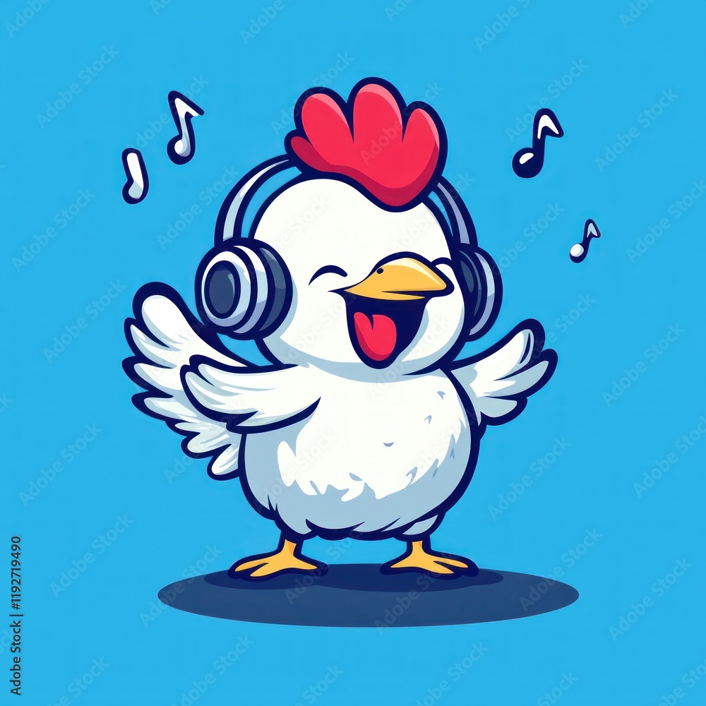 Happy chicken listening music headphones, blue background, cartoon ...