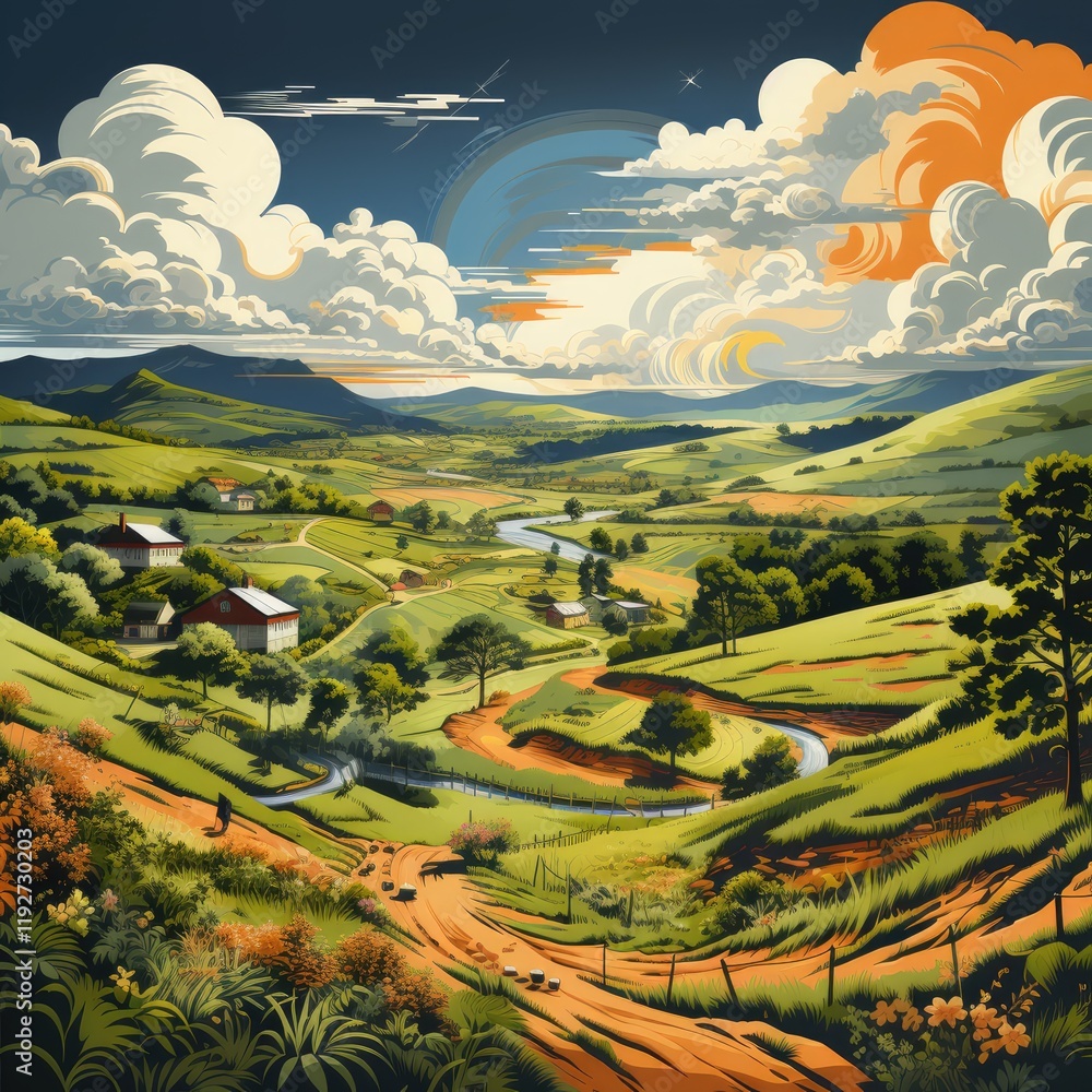Retro 1970s Psychedelic Poster Featuring Farmland Blueprint Plan Design ...