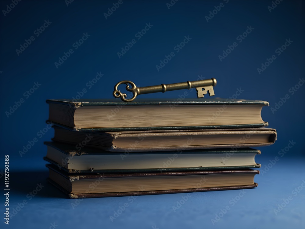 Unlocking knowledge a vintage key resting on stacked books against a ...