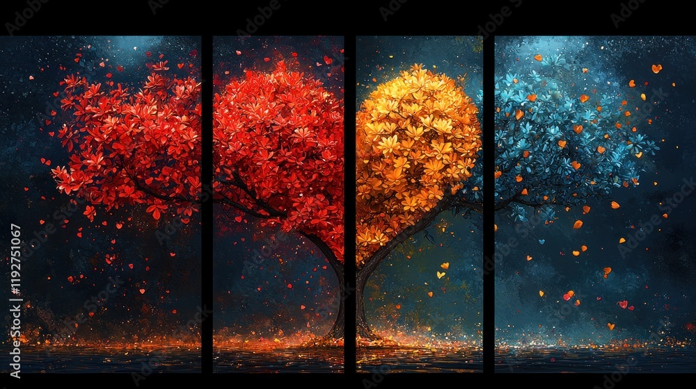 Heart-shaped trees in four seasons. Stock Photo | Adobe Stock