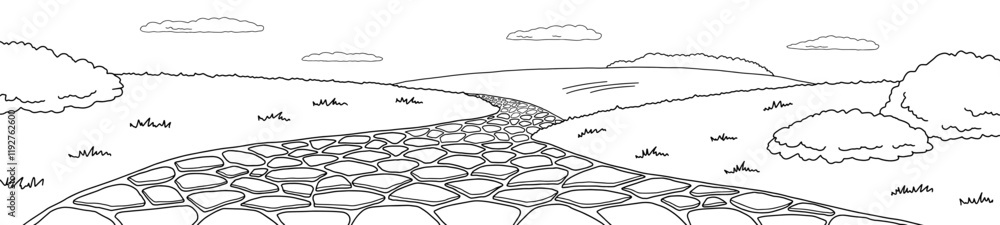 Old stone road landscape graphic black white long sketch illustration ...