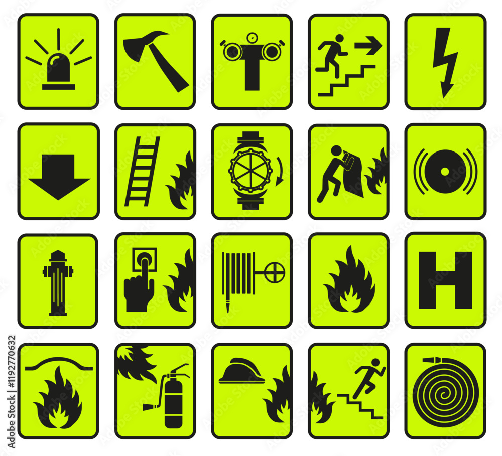 Fire alarm sign. Set of vector fire symbols, emergency exit sign. Fire ...
