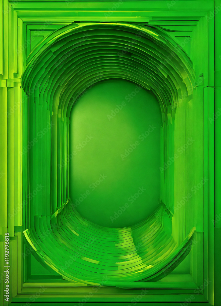 Symmetrical green architectural abstract art with layered geometric ...