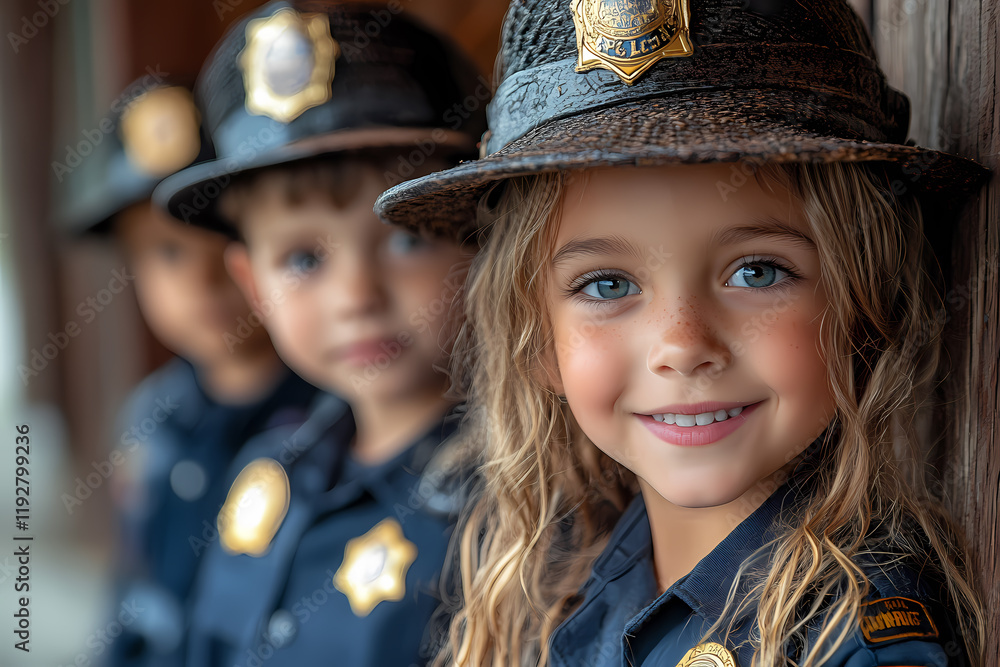 Children in a kindergarten dressed as police officers, engaging in a ...