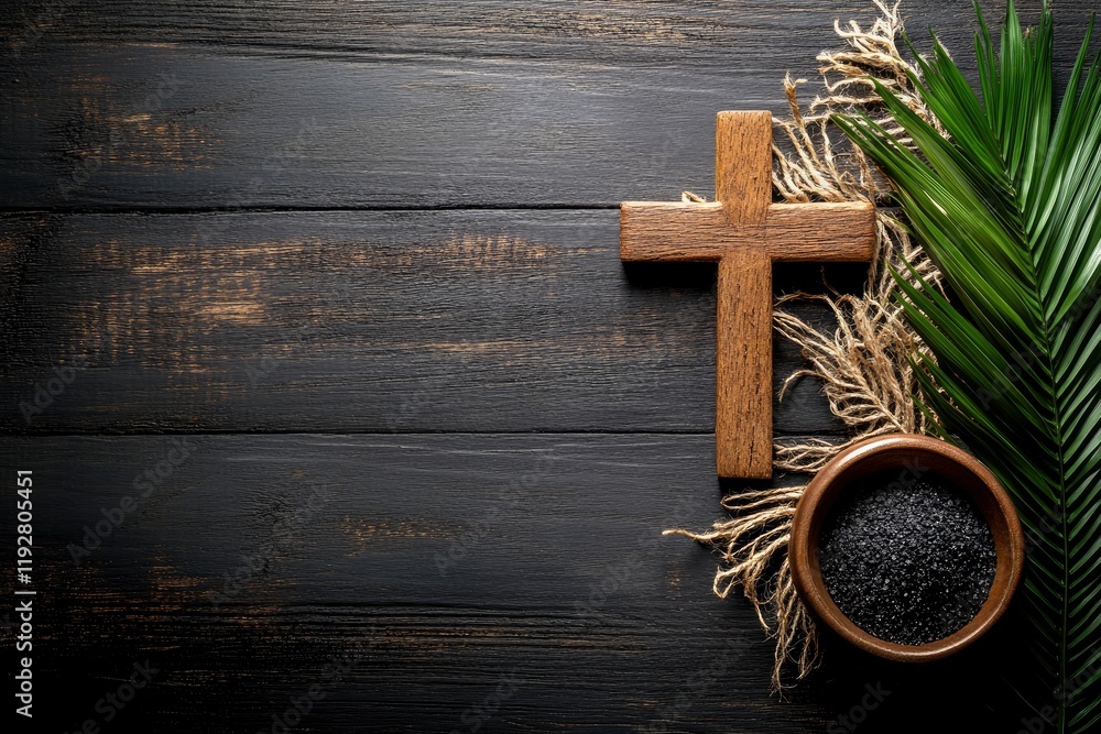 Border of a cross with a bowl of ashes and palm leaves on a dark wood ...