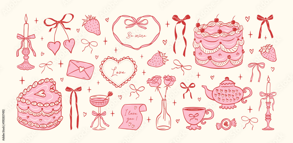 Hand drawn coquette elements for Valentines day, wedding invitation ...