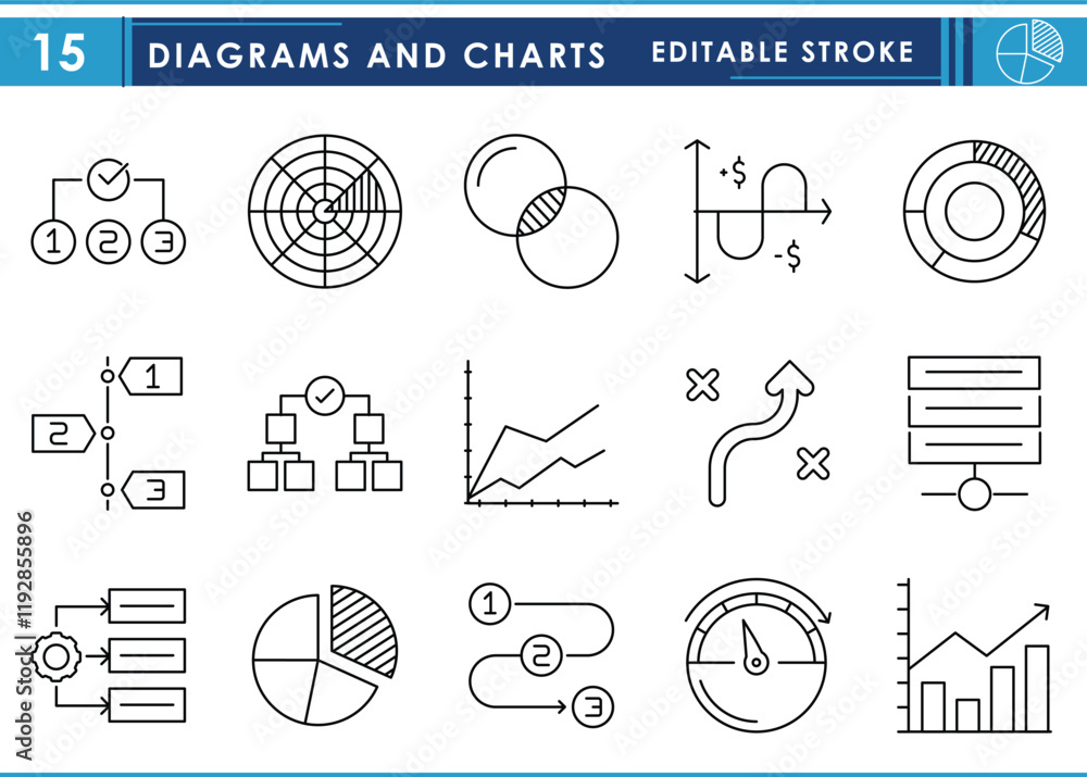 A set of line icons related to various charts and diagrams used in ...