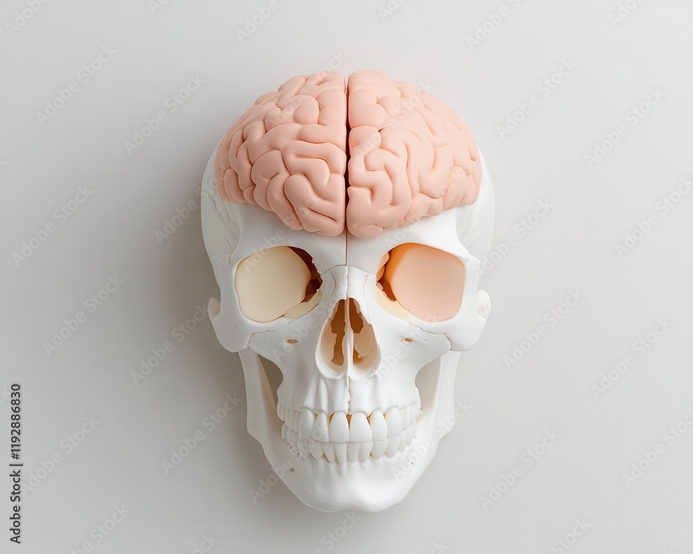 Human skull split open to reveal layers of the brain, anatomical ...