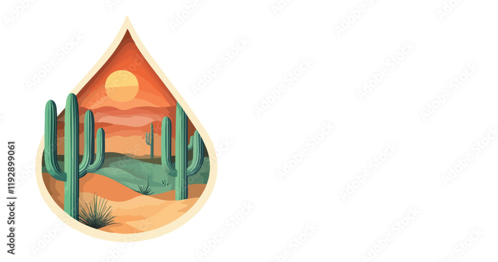 clean 2D vector of a desert scene with cacti, encased in a teardrop ...