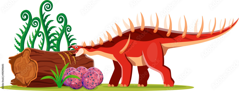 Cartoon Kentrosaurus dinosaur character with eggs. Extinct dinosaur ...