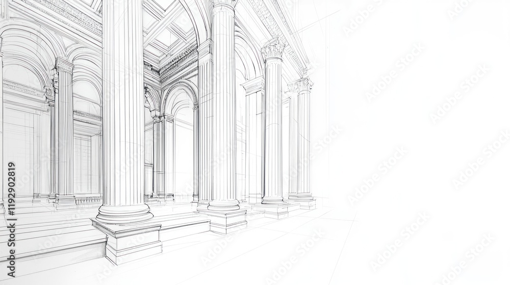 Architectural Sketch: Classical Columns and Grand Hall Design Stock ...