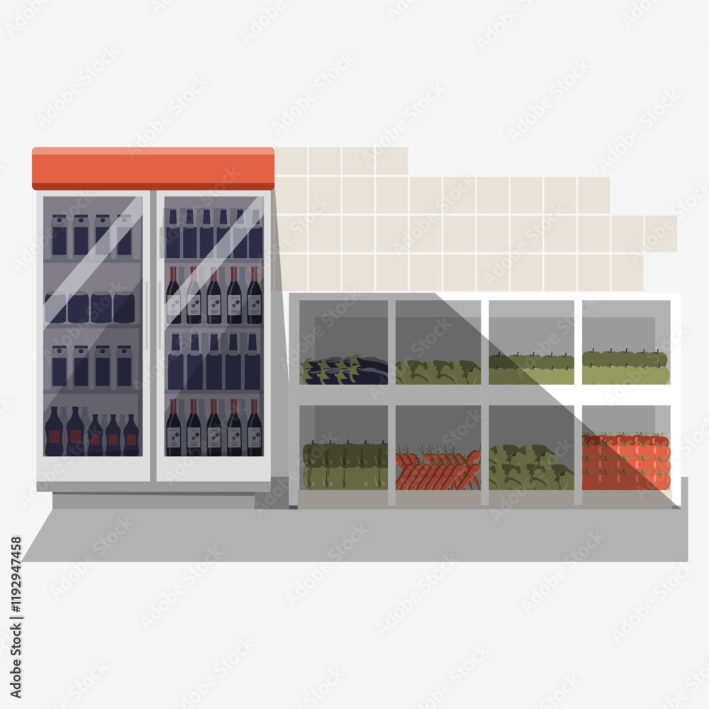 Convenience store shelves with beverages and packaged goods in flat ...