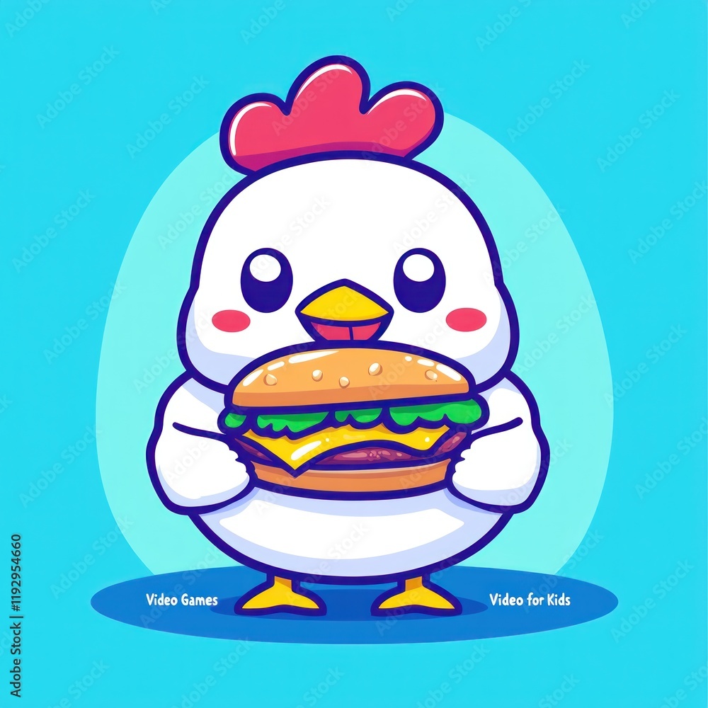 Cute chicken eating sandwich indoors, kids games background Stock ...