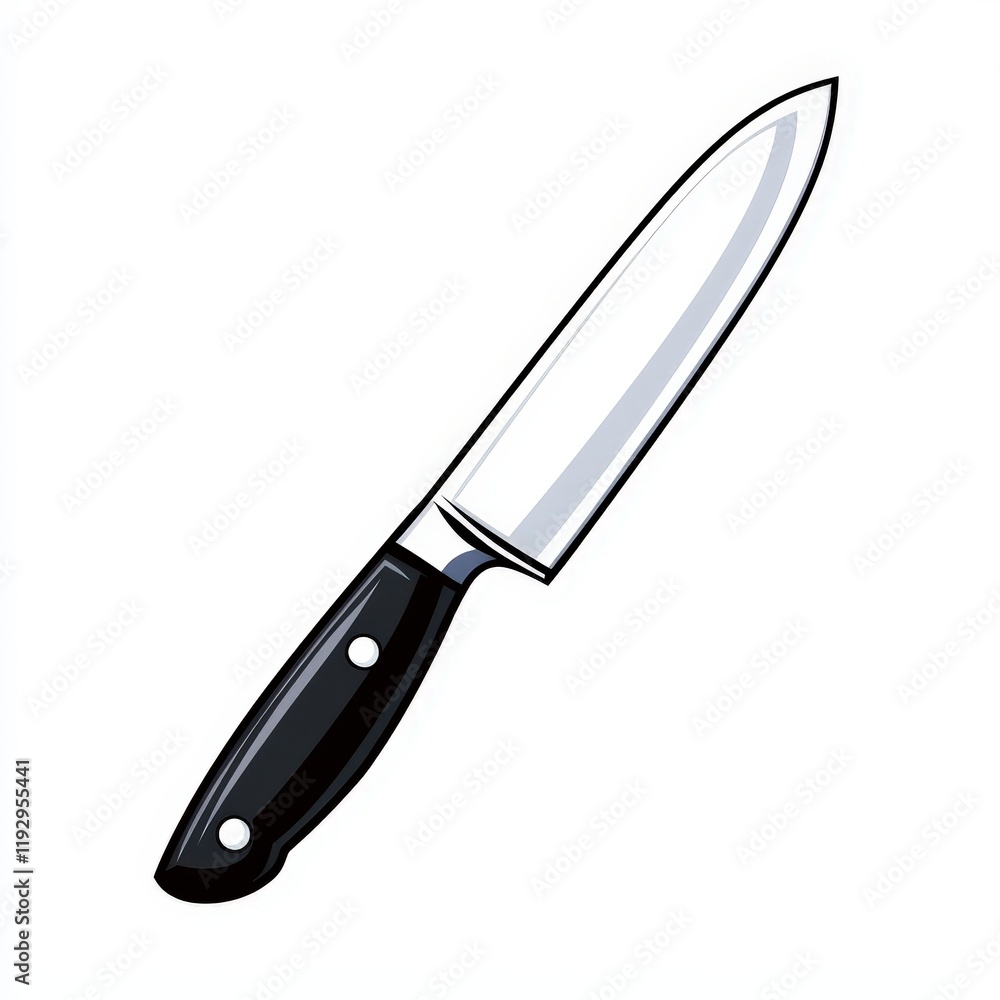 Kitchen knife with black handle on white background and cartoon clipart ...