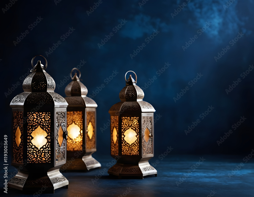 lantern in the dark, Islamic background with lanterns on dark blue ...