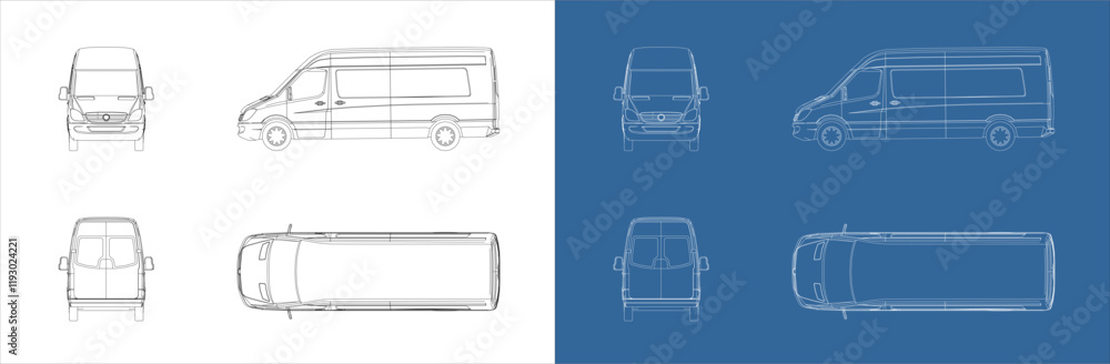 delivery van vector all side view line art draw blueprint wireframe on ...