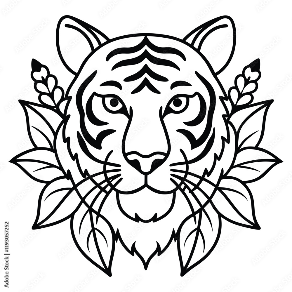 tiger head line art design with leaves and flower, floral tiger head ...