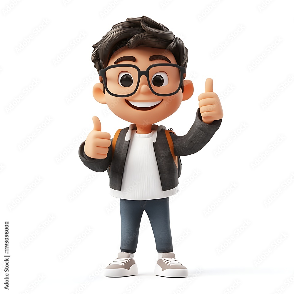 Happy Student Cartoon: A cheerful cartoon boy with glasses gives two ...