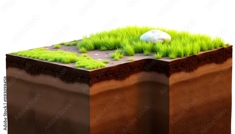3D Illustration soil ground cross section with earth land and green ...