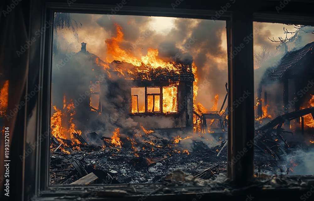Foto de Stock Burning House Viewed Through Window Amid Ruins and Smoke ...