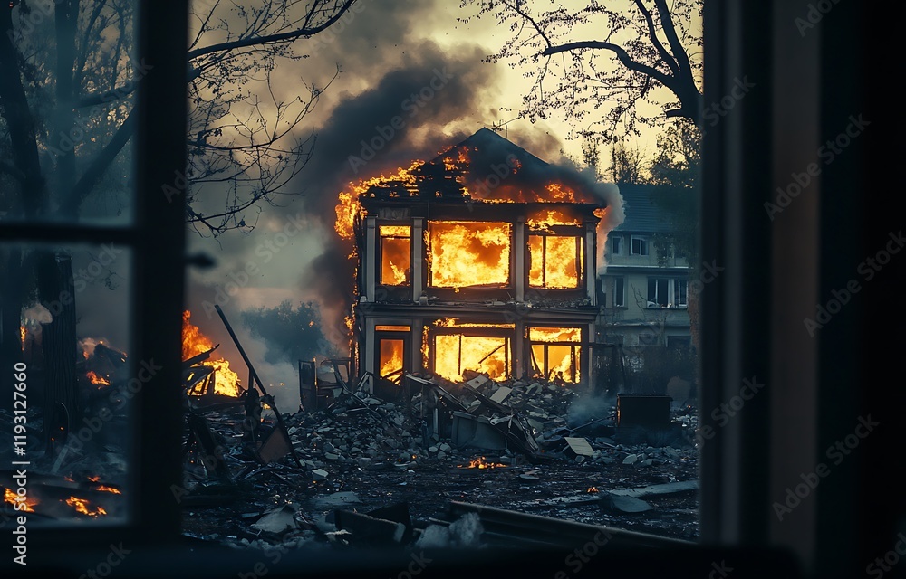 Burning House Viewed Through Window Amid Ruins and Smoke, Los Angeles ...