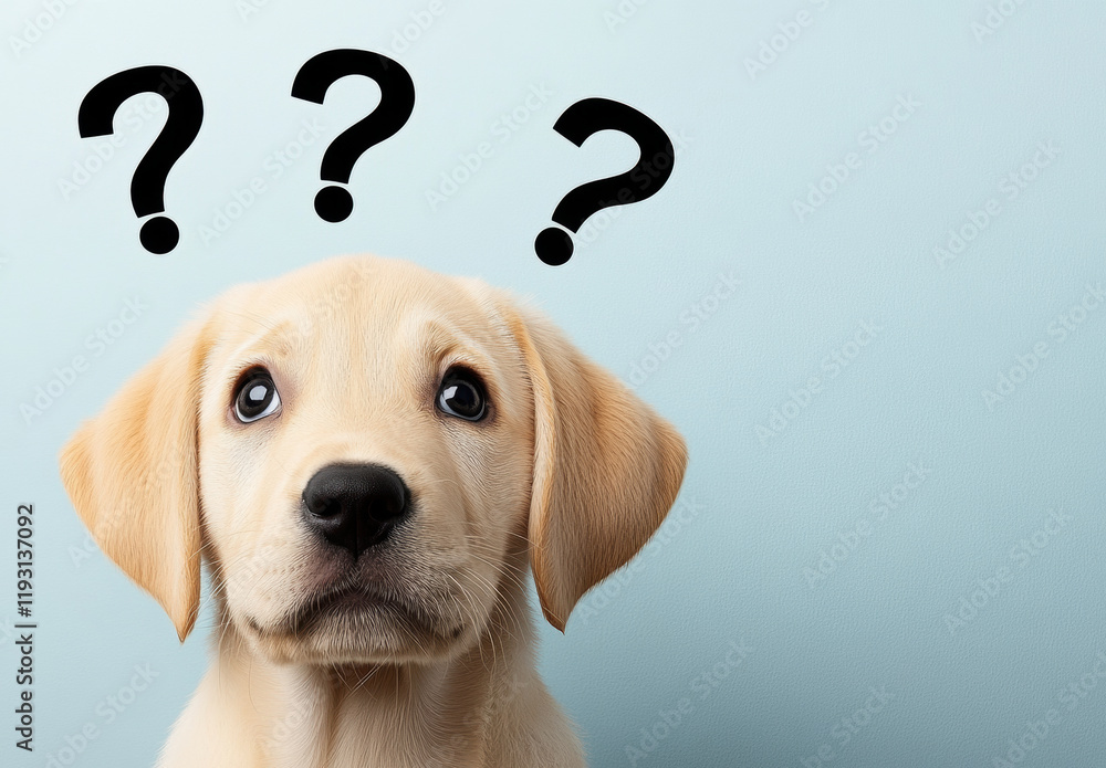 Curious puppy with question marks above its head, expressing confusion ...