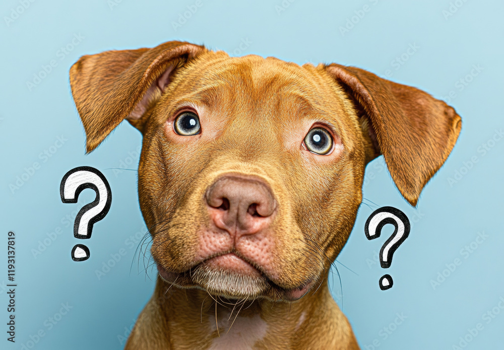 confused brown dog with blue background and question marks, expressing ...
