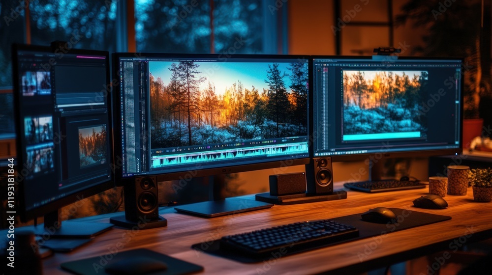 Triple monitor workstation setup for photo/video editing. Stock ...