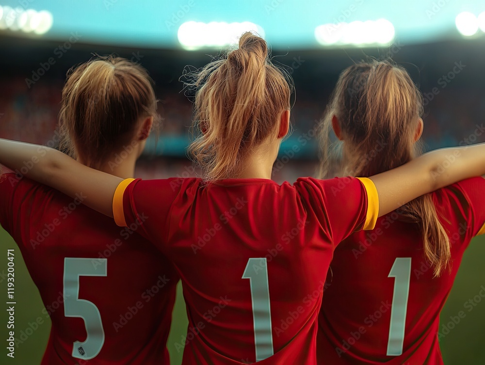 Celebrating team spirit female soccer players stadium action shot ...