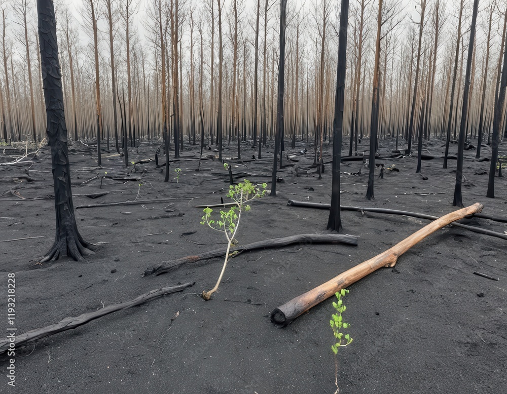 Burned trees in a forest with new green plants sprouting on the ...