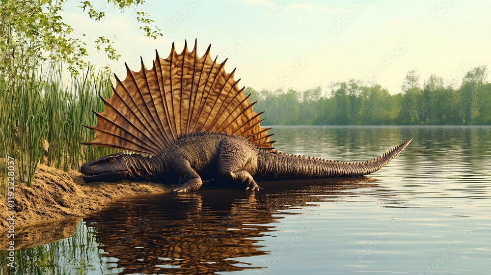 10. A dimetrodon basking by a prehistoric lake, set against a crisp ...