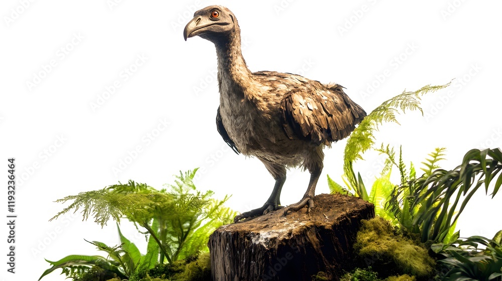50. A dodo bird standing on a tree stump in a prehistoric setting, with ...