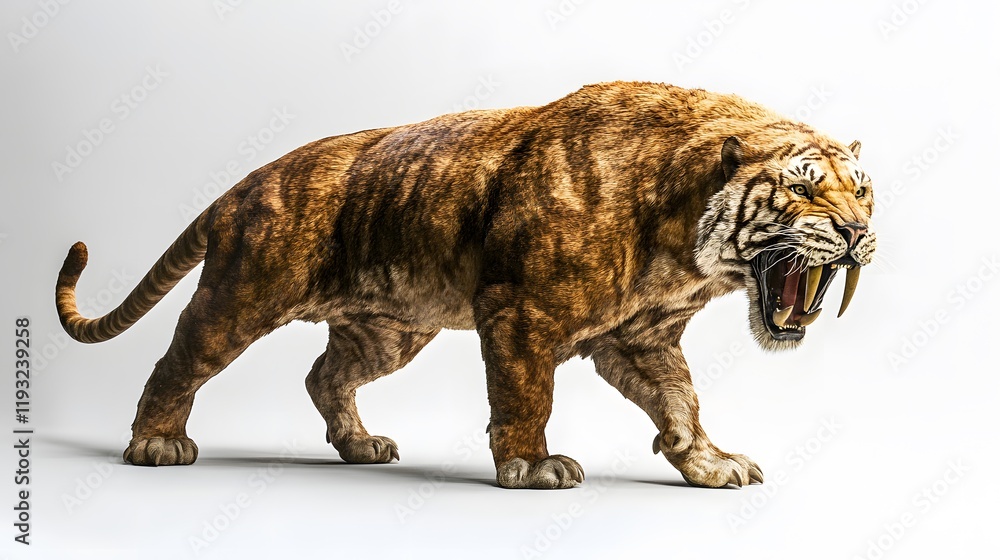 63. A lone saber-toothed tiger in a hunting stance, set against a pure ...