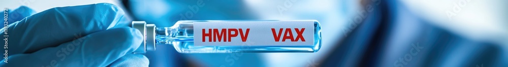 A researcher holds a vial labeled HMPV VAX in a lab setting in China in ...