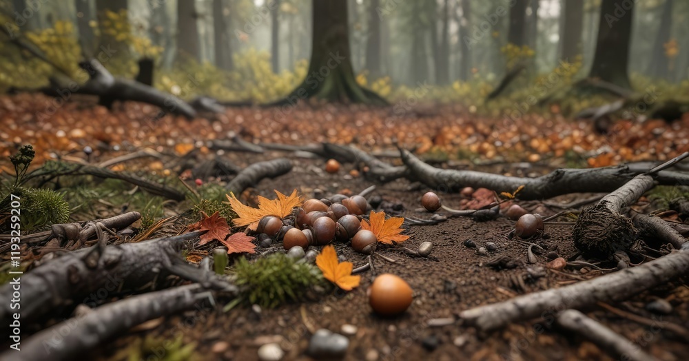 Acorns and sticks on forest ground amidst fallen branches, branches ...