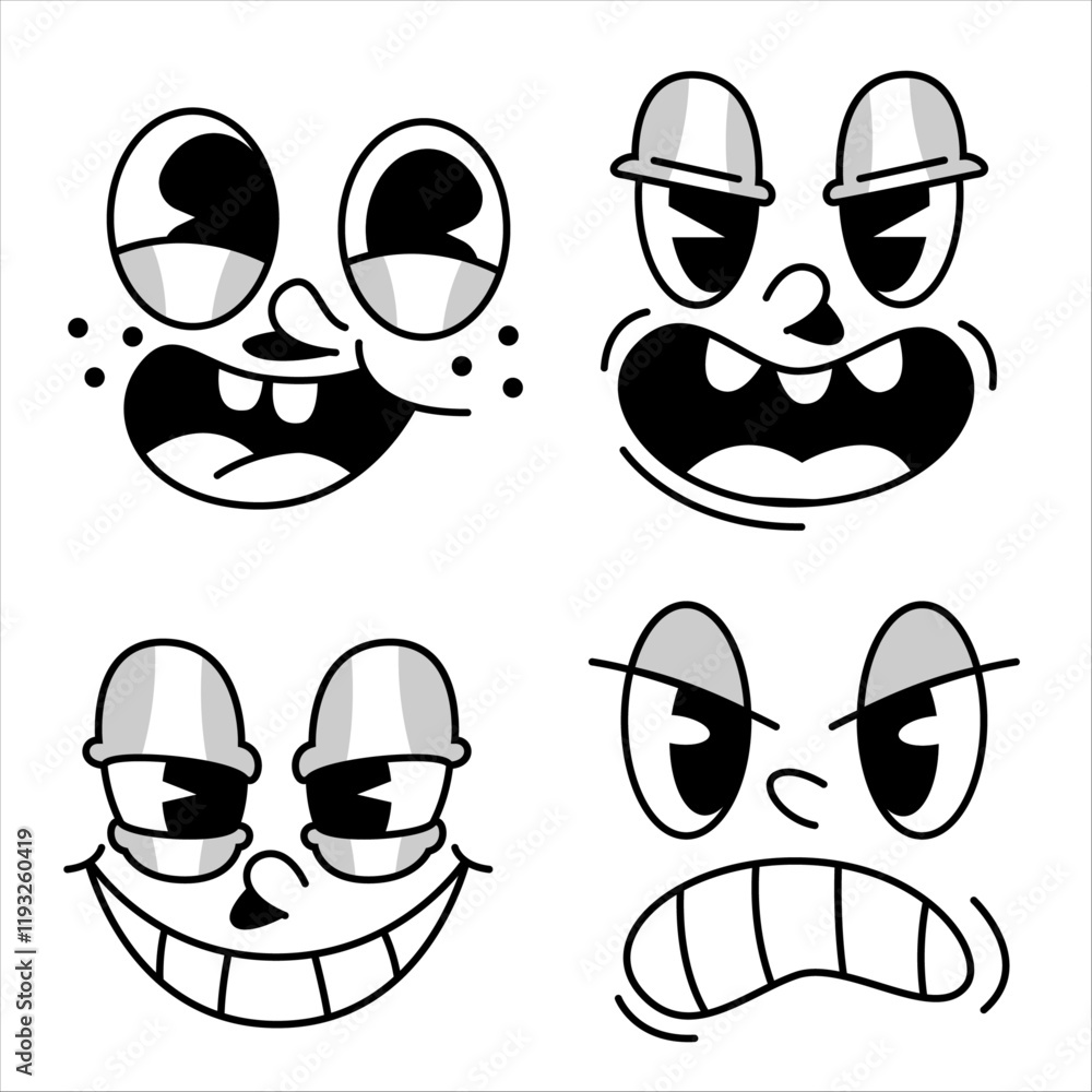 Cartoon Groovy Set Retro Face Expressions, Vintage Comic Smile for logo ...