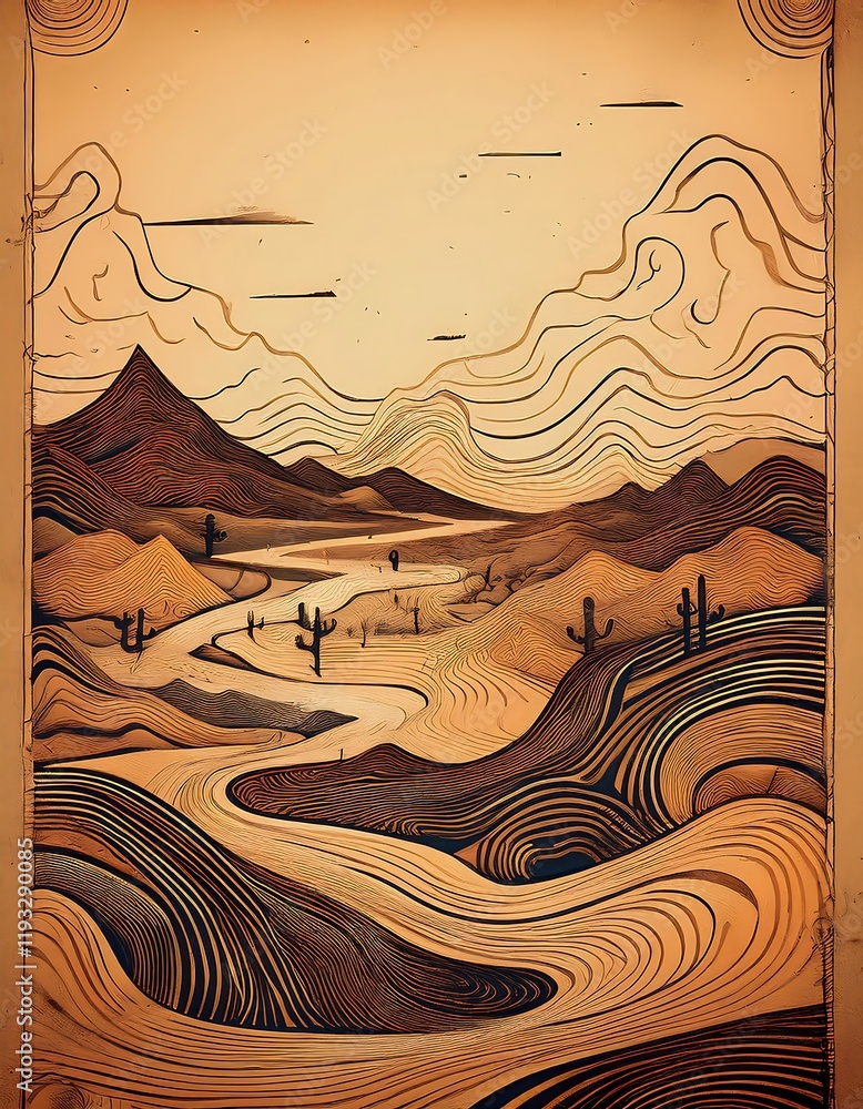 Vintage abstract map art depicting rugged Wild West terrain with ...
