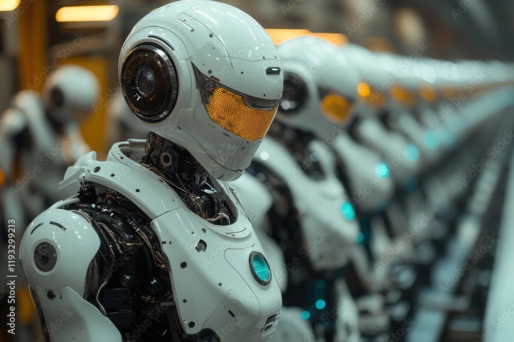 Advanced humanoid robots lined up in a futuristic facility during assembly process Stock Photo ...
