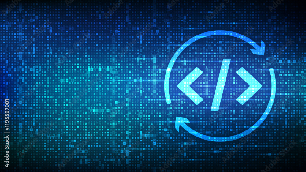 Devops icon made with binary code. Agile development and optimisation. Software engineering ...