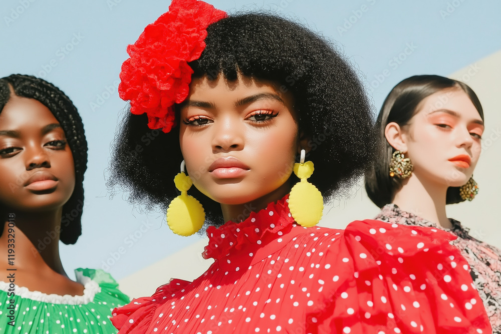 Fashion forward young women in vibrant polka dot dresses with bold ...