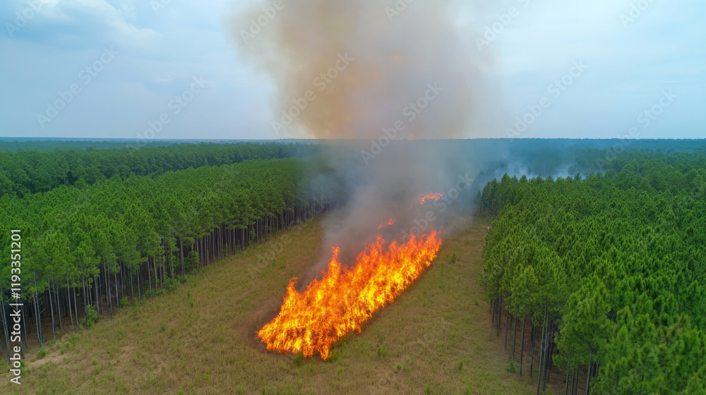 controlled burn in forest, showcasing flames and smoke amidst tall pine ...