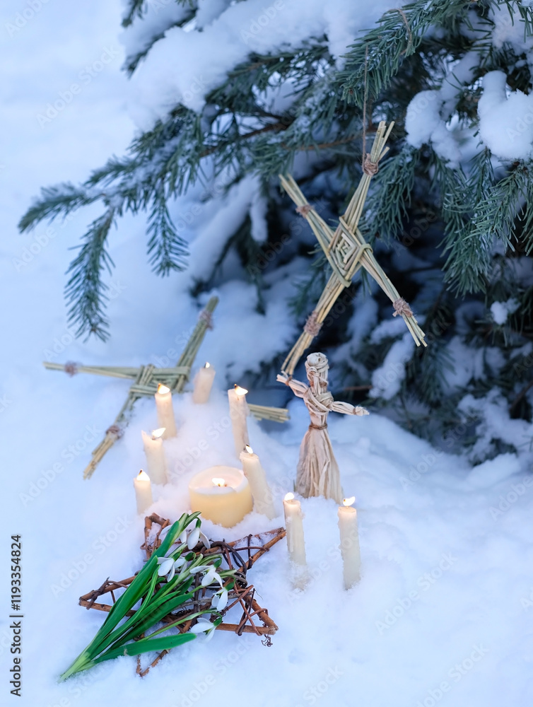 Wiccan altar for Imbolc sabbath. pagan holiday ritual. Brigid's cross ...
