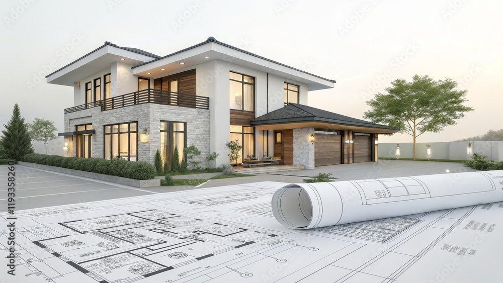 Modern Two-Story House Architectural Design 3D Rendering and Blueprint, House Design, Home ...