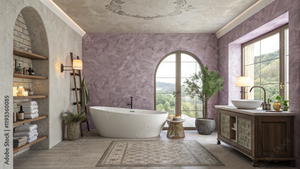 Rustic Spa Bathroom Design Freestanding Tub, Arch Window, Neutral ...