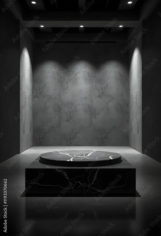 Dark minimalist interior, dramatic lighting, circular stone platform ...