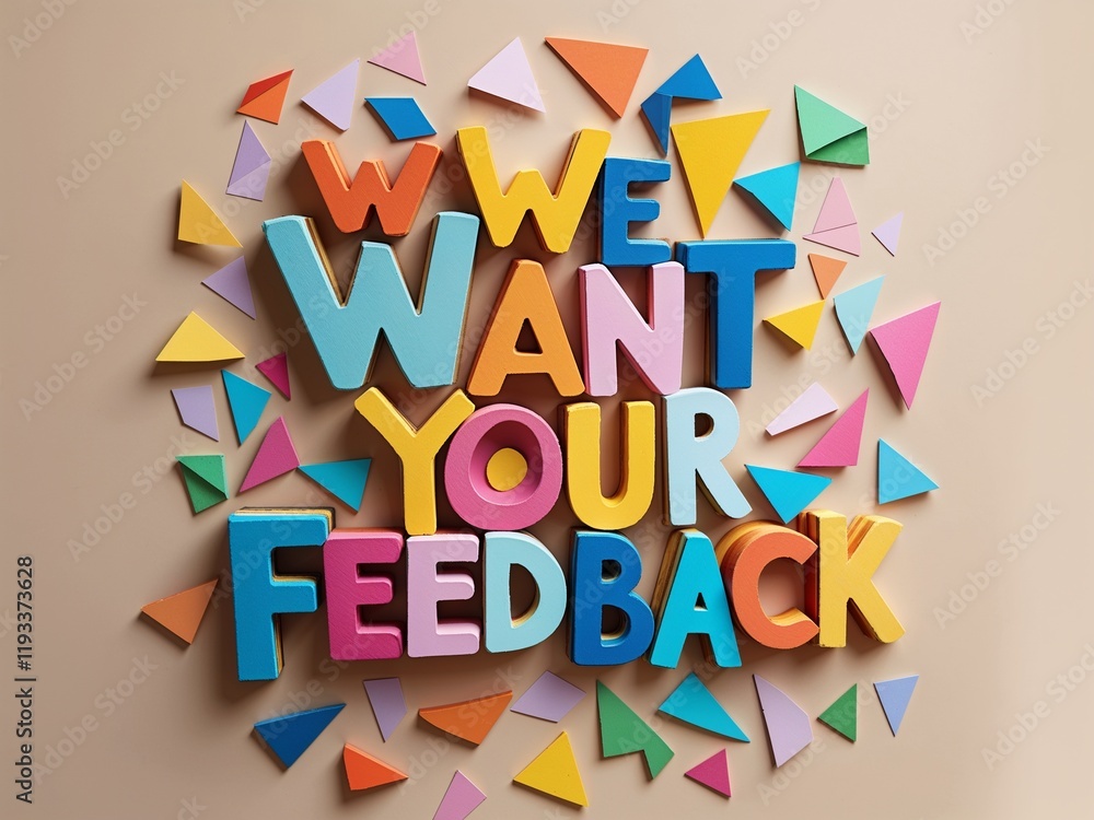 Playful and colorful cut-out letters "WE WANT YOUR FEEDBACK" on a beige ...